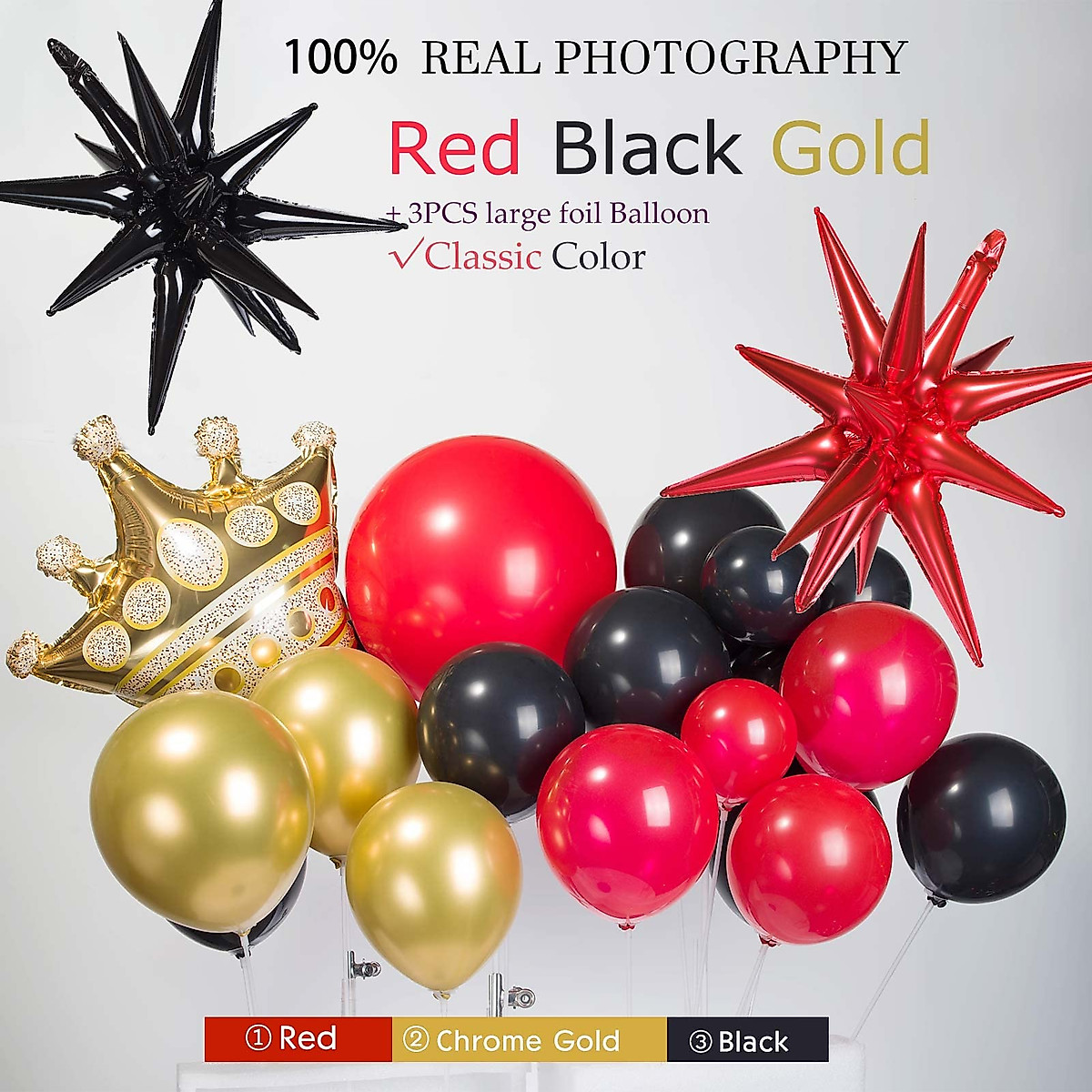 Black and Red Gold Balloon Garland kit 135Pcs Latex Chrome gold and Crown star balloons for Birthday Party anniversary 2023 graduation prom day Decorations