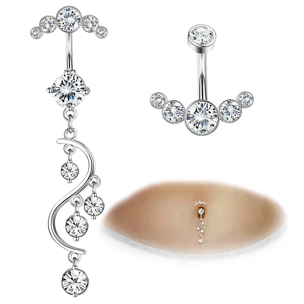 FIASASO Crystal Belly Button Ring for Women Unique 14G 316L Stainless Steel Dangle Belly Rings Belly Piercing Jewelry Navel Barbell Bling Crystals Body Jewelry long dangle