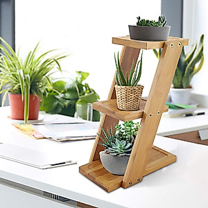 SOONHUA Mini Bamboo Plant Flower Stand,3 Tier Plant Display Ladder Shelf Flower Pot Storage Rack Display Shelving Unit Holder for Indoor and Outdoor Use Decor