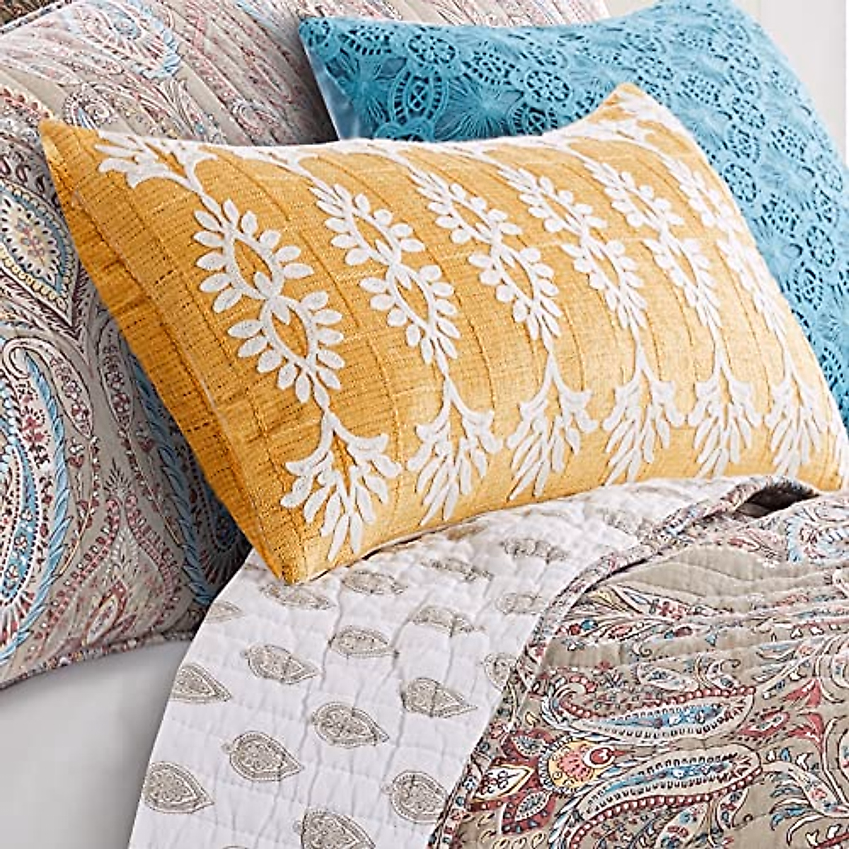Levtex Home - Presidio - Decorative Pillow (12in. x 24in.) - Crewel Stitched - Yellow Ochre and White