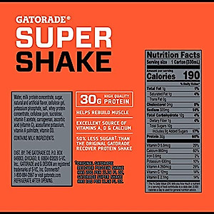Gatorade Super Shake, Vanilla, 30g Protein, 11.6 Fl oz Carton, (Pack of 12)