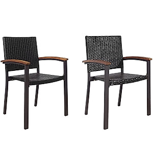 HAPPYGRILL Patio Dining Chairs Set of 2 Outdoor Rattan Wicker Chairs Set Stackable Armchair with Steel Structure for Indoor Outdoor Garden Dining