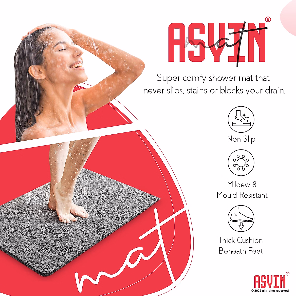 Asvin Soft Textured Bath, Shower, Tub Mat, 24x16 Inch, Phthalate Free, Non Slip Comfort Bathtub Mats with Drain, PVC Loofah Bathroom Mats for Wet Areas, Quick Drying