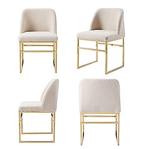 Cozy Castle Sherpa Accent Chairs Set of 2, Upholstered Living Room Side Chairs with Gold Metal Base, Fuzzy Comfy Kitchen Chairs, Beige