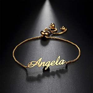 MRENITE 10k 14k 18k Solid Yellow Gold Personalized Name Bracelet – Dainty Name Plate Bracelet - Custom Any Name Gift for Women Adults Wife (Yellow Gold)
