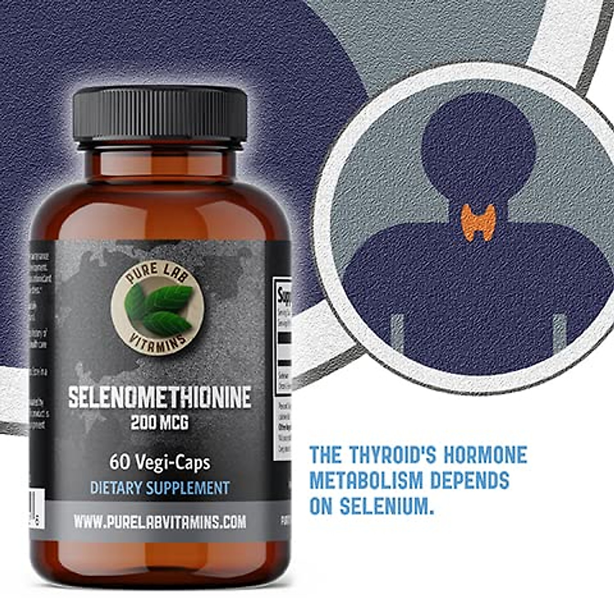 Selenium 200mcg Supplement - Selenomethionine - 60 v-caps by Pure Lab Vitamins - Gluten Free Made in Canada.