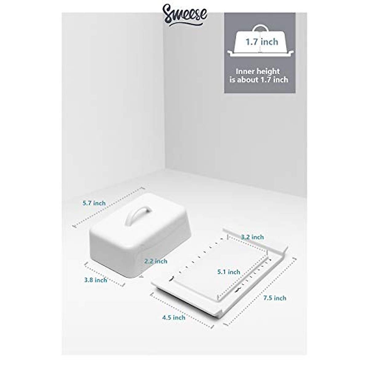 Sweese 318.101 Butter Dish with Lid, Butter Keeper with Handle - TBSP Markings, for Kerrygold, East and West Coast Butter, White