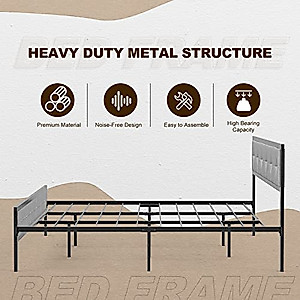 IKIFLY Metal California King Size Bed Frame with Upholstered Linen Headboard Footboard, Mattress Foundation, Heavy Duty Metal Slats, Easy Assembly, No Box Spring Needed - Light Grey/Cal King