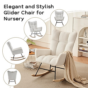 Sudwesto Modern Nursery Rocking Chair, Upholstered Glider Chair with High Backrest, Rocker Accent Armchair with Solid Wood Legs for Nursery Bedroom Living Room (Cold White Teddy)