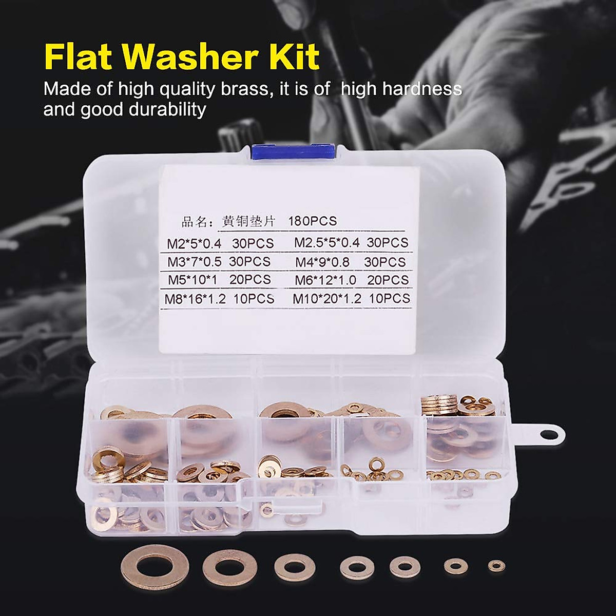 180Pcs Brass Flat Washer Assortment Set with Box M2/M2.5/M3/M4/M5/M6/M8/M10 Metal Washers