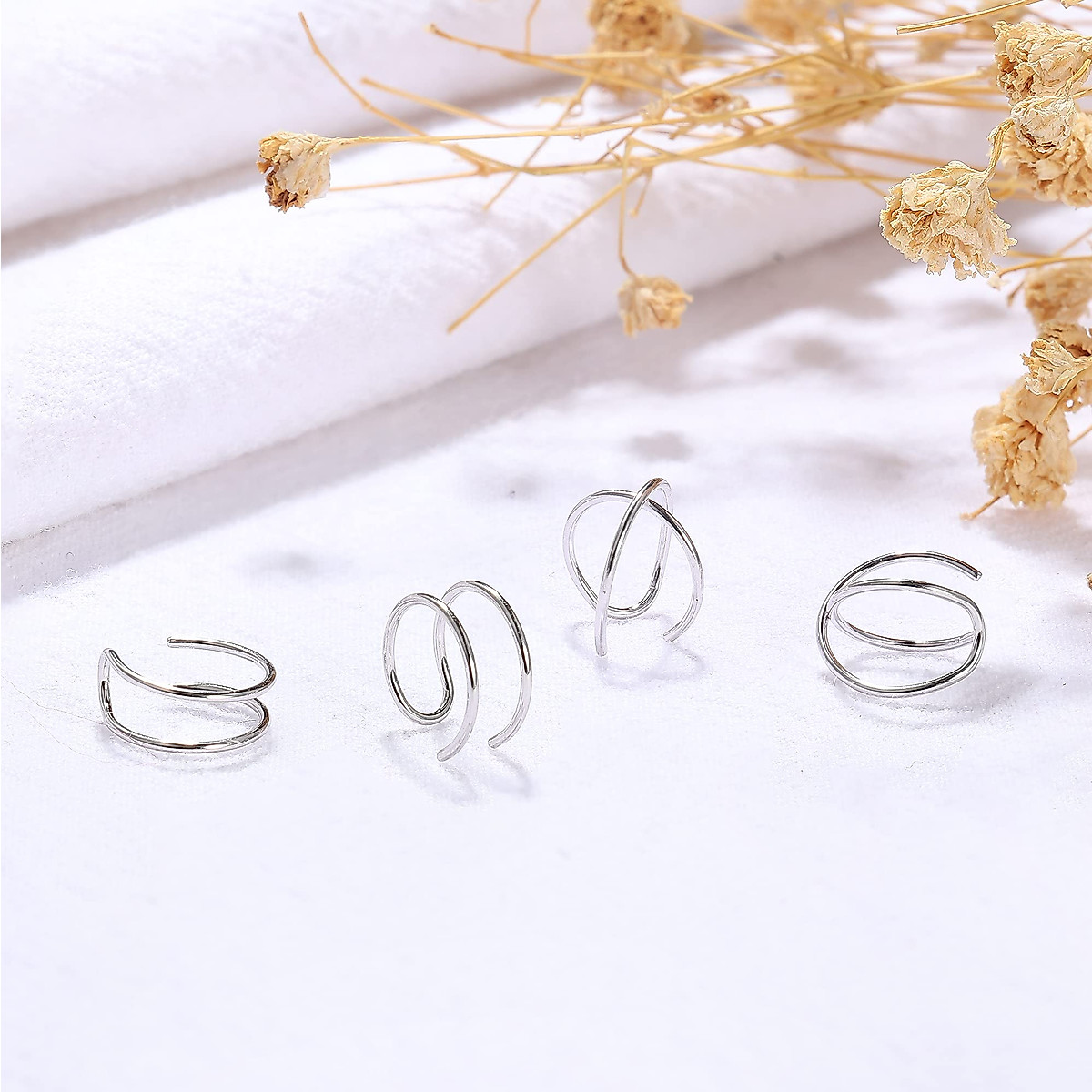 Milacolato 4Pcs 925 Sterling Silver Ear Cuff: Adjustable Non Piercing Minimalist Fake Helix Cartilage Earcuff, Dainty Clip-on Earrings Hypoallergenic with 14K Gold Plating for Women Man-Silver