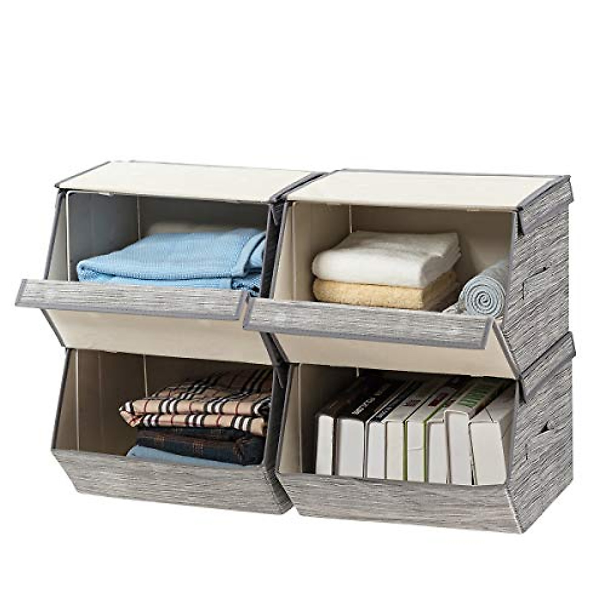 Giantex Storage Bins Set of 4 Stackable Cubes Fabric Baskets w/Lid, Side Handles, Magnetic Linen Container Boxes for Toys, Clothes, Files Foldable Closet Organize Bags 15”x14”x10” (Gray)