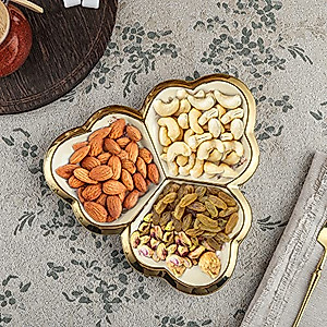fanquare 3 Compartment Platter, Gold Porcelain Appetizer Serving Tray, Floral Ceramic Divided Serving Plate for Fruit, Candy, Nuts