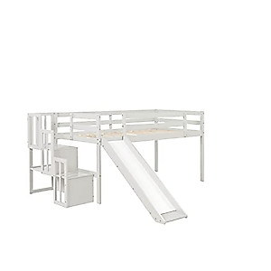DEYOBED Low Loft Bed with Stairs and Slide - Wood Twin Bed Frame for Kids - Ideal for Boys and Girls - White