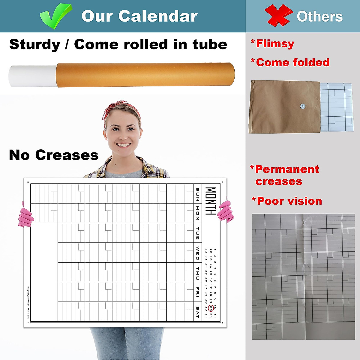 Large Dry Erase Calendar For Wall Monthly,24x36 Inch Big Vertical Blank White Board Calendar Fit to Narrow Wall,Giant Laminated Erasable 30 Day Schedule Planner Poster for Family,Office,Classroom