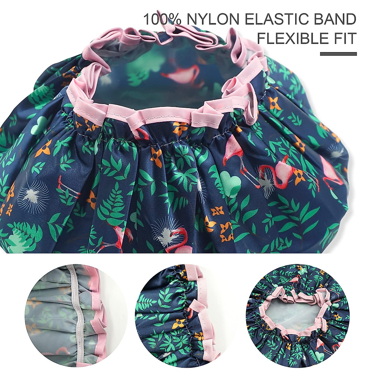 BEAUTAIL Shower Cap, Reusable Bath Shower Caps for Women Long Hair, Double Layer Waterproof Bathing Shower Hat Hair Protector for Kids Girls Men, Flamingo, 1 Pack