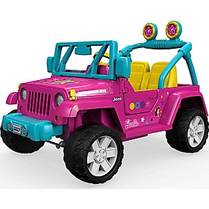 Fisher-Price Power Wheels Battery Powered Barbie Jeep Wrangler Car with Steering Wheel, Music Playing Radio, Roll Bar, and Power Lock Brakes