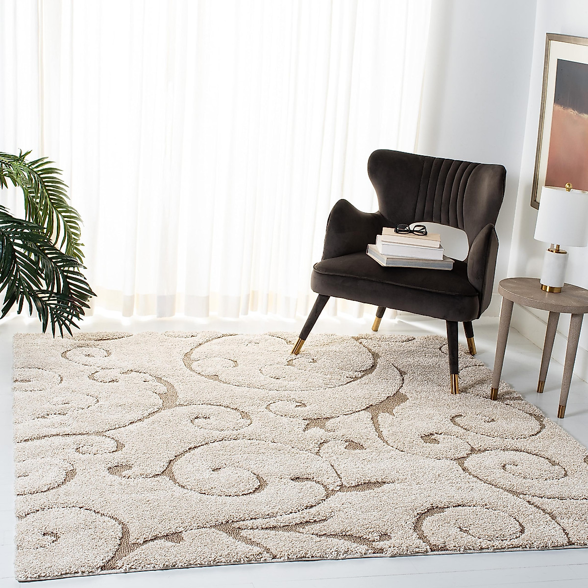 SAFAVIEH Florida Shag Collection Area Rug - 9' Square, Cream & Beige, Scroll Design, Non-Shedding & Easy Care, 1.2-inch Thick Ideal for High Traffic Areas in Living Room, Bedroom (SG455-1113)