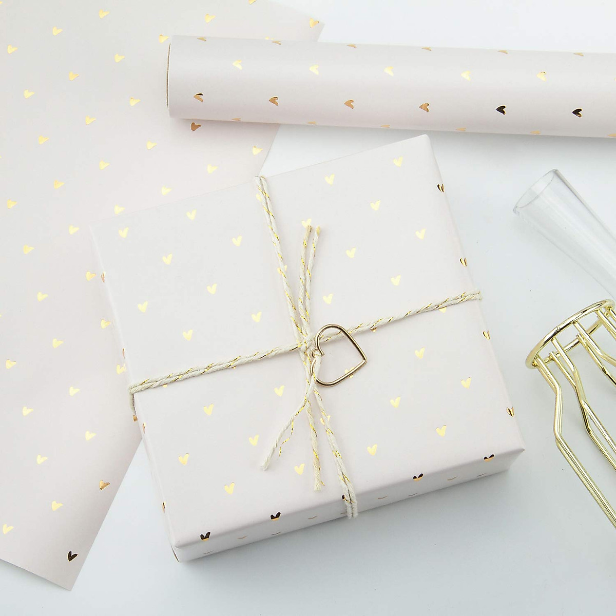 WRAPAHOLIC Wrapping Paper Roll - Pastel Pink Color with Gold Foil Sweet Heart Design for Birthday, Valentine's Day, Wedding, Baby Shower Wrap - 30 inch x 16.5 feet