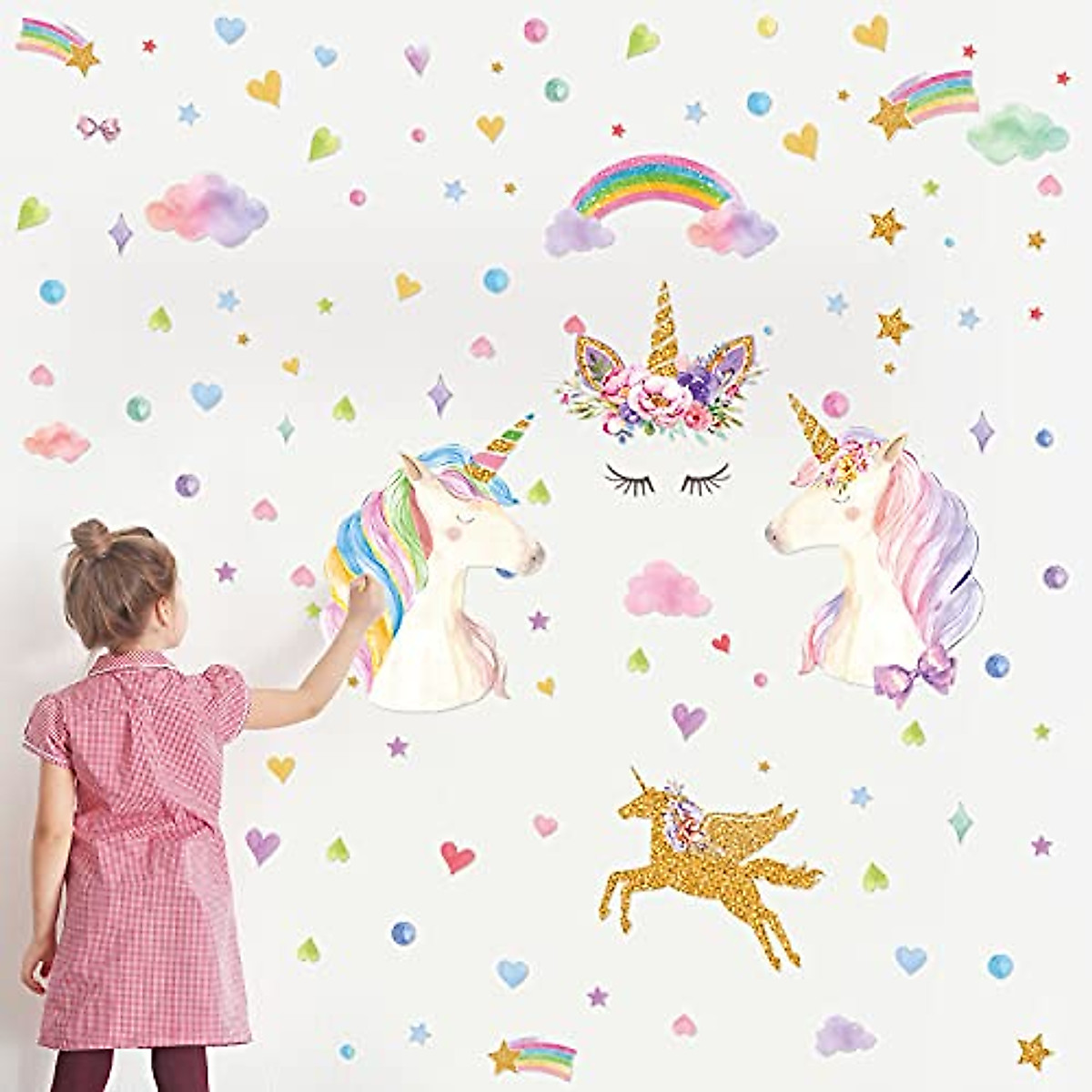 Glow in the Dark Stars Glowing Unicorn Wall Decals Glowing Unicorn Wall Mural Stickers with Unicorn Star Rainbow Flower Heart Clouds Bubbles Room Decor for Girls Bedroom Ceiling Baby Home Kid Birthday