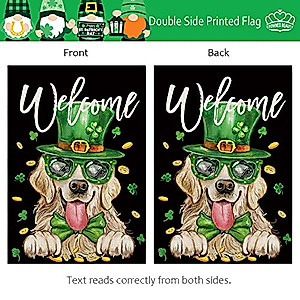 CROWNED BEAUTY St Patricks Day Dog Garden Flag Golden Retriever 12x18 Inch Double Sided for Outside Small Burlap Shamrocks Clovers Green Hat Gold Welcome Yard Holiday Decoration CF728-12