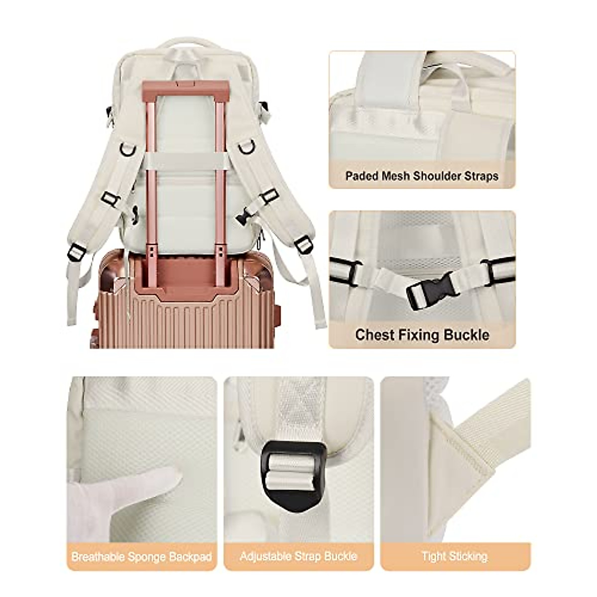 Large Travel Backpack for Women Carry On Airline Flight Approved Expandable Work Personal Item size Backpack Bag with Laptop compartment for College Men Hiking Waterproof Mochila de Viaje Beige