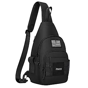 MOSISO Tactical Sling Backpack Bag, Small One Shoulder Rucksack Durable Everyday Carrying Daypack with USA Flag Patch for Man Women Outdoor Sports Hiking Fishing Camping Training, Black