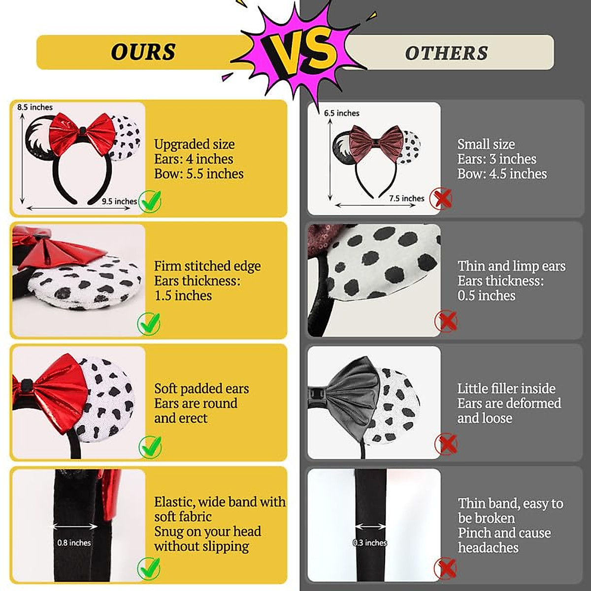 ETLUK Mouse Ears Headband, Villain Ears Bow Headband for Adult Women Girls, Park Ears Party Cosplay Accessories