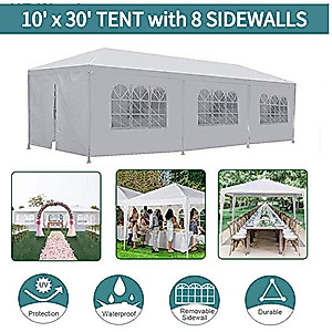 Heavy Duty Canopy Event Tent-10'x30' Outdoor White Gazebo Party Wedding Tent, Sturdy Steel Frame Shelter w/8 Removable Sidewalls Waterproof Sun Snow Rain Shelter Tent (10' x 30' with 8 sidewalls)