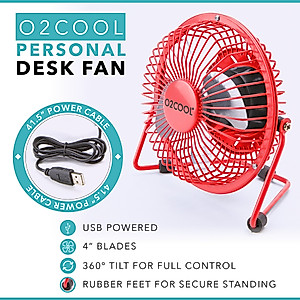 O2COOL 4" USB Personal Desk Fan – Portable Mini Table Cooling Fan - Plugs into Computer - Adjustable 360° Tilt, Quiet, Rubber Grip Feet - Red