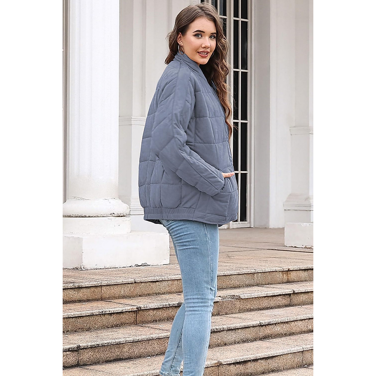 ETCYY Women's Causal Lightweight Quilted Jackets Long Sleeve Oversized Warm Winter Zip Up Coat with Pockets