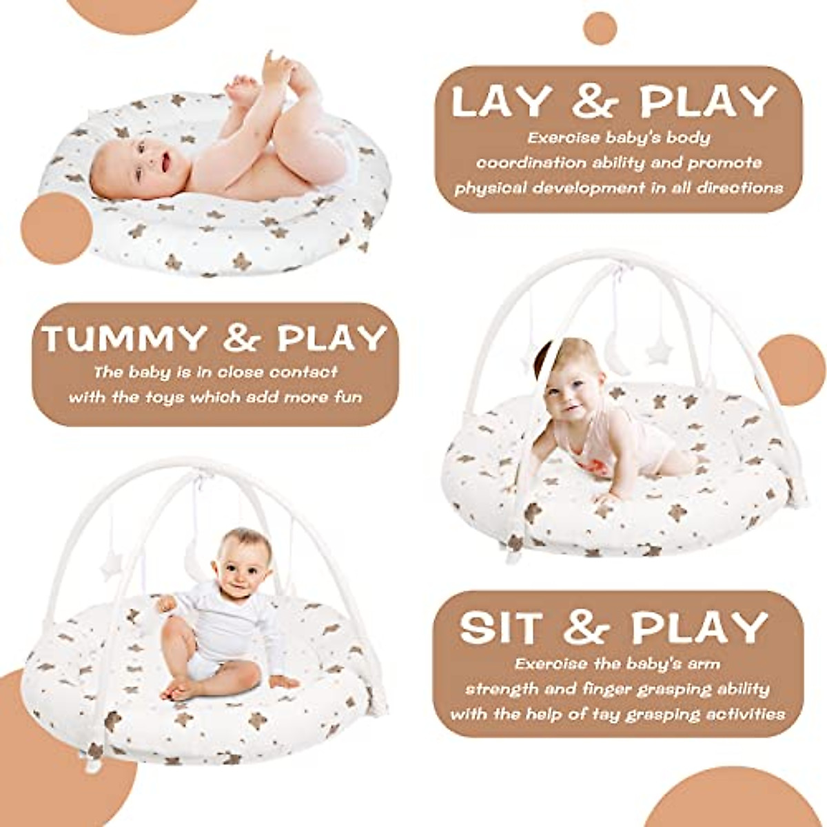 Beright Baby Gym, Baby Play Gym with Movable and Detachable Hoops, Baby Activity Center with Hanging Out Toys in Shape of a Moon and Stars, Perfect Newborn Toys, Bear