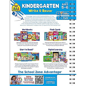 School Zone - Kindergarten Write & Reuse Workbook - Ages 5 to 6, Spiral Bound, Write-On Learning, Wipe Clean, Includes Dry Erase Marker, Early Math, and More (School Zone Write & Reuse Workbook)
