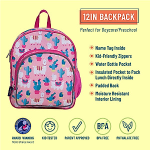 Wildkin 12 Inch Backpack Bundle with Insulated Lunch Bag (Llamas and Cactus Pink)
