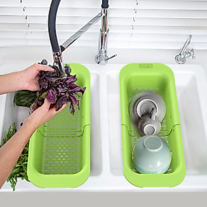 Janska 3-in-1 Adjustable Over The Sink Colander, 30% Heavier Duty, Sink Strainer, Rinse - Drain - Dry, European Made, Non BPA, Extendable, Heat Resistant (7.8" W x 13.5-19.3" L x 3.3" H), Teal