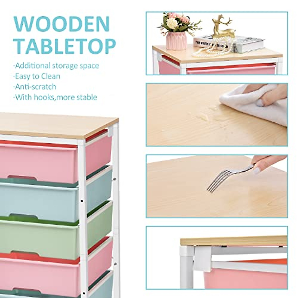 TOOLF Rolling Storage Cart with 6 Drawers, Wooden Tabletop, Easy Movement, Large Capacity, Durable Construction & Colorful Style in White Bar