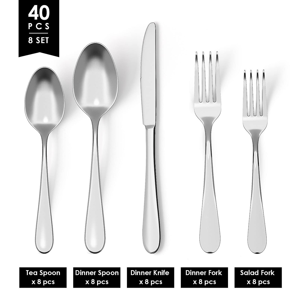 Moretoes Silverware Set for 8, 40Pcs Cutlery Set, Stainless Steel Set, Mirror Polished Flatware Sets, Include Knife Fork Spoon Set
