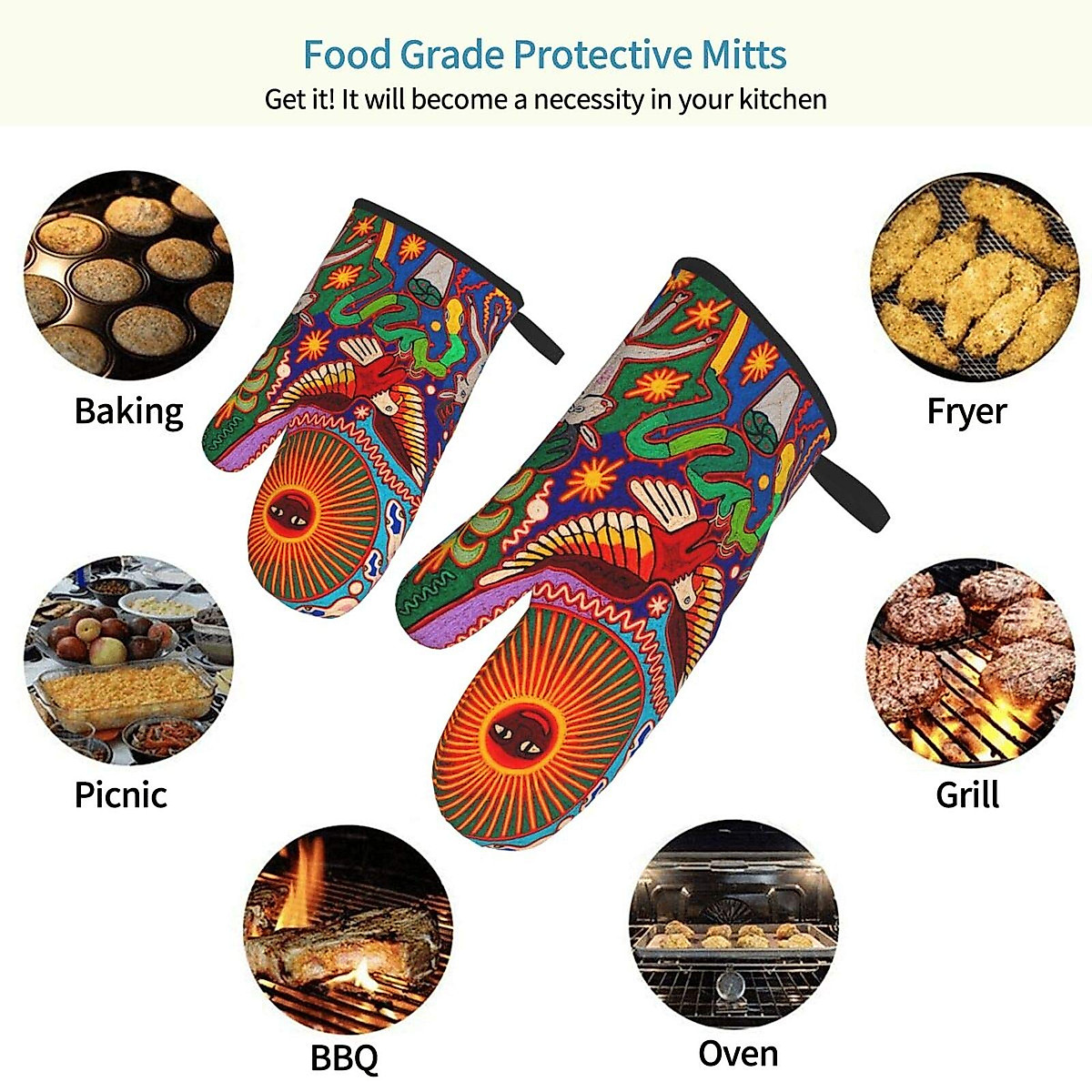 Wolla-ST Colorful Hispanic Oaxaca Mexican Mayan Tribal Boho Bohemian Oven Mitts 1 Pair Kitchen Heat Resistant Nonslip Silicone Oven Gloves Potholders Set for Cooking Baking BBQ, One Size, Black