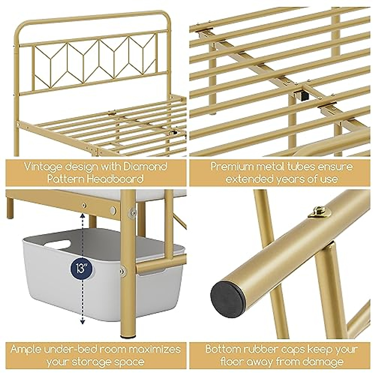 Yaheetech Metal Platform Bed Frame Mattress Foundation with Diamond Pattern Headboard/Footboard/Heavy Duty Steel Slat Support/Under Bed Storage/No Box Spring Needed/Full Size Antique Gold