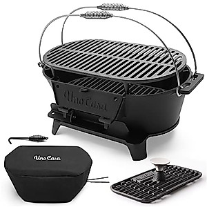 Uno Casa Hibachi Grill and Cast Iron Grill Press Set - Bundle of Pre-Seasoned Small Charcoal Grill with XL Hamburger Press, Charcoal Grill for Camping and 9x4.5 Inch Bacon/Burger Press