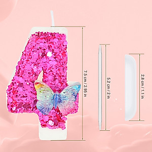 IDIJOLI Butterfly Number 4 Candles Glitter Hot Pink Birthday Candles for Cake Topper with Sequins for Anniversary Celebrations Supplies (Number 4)