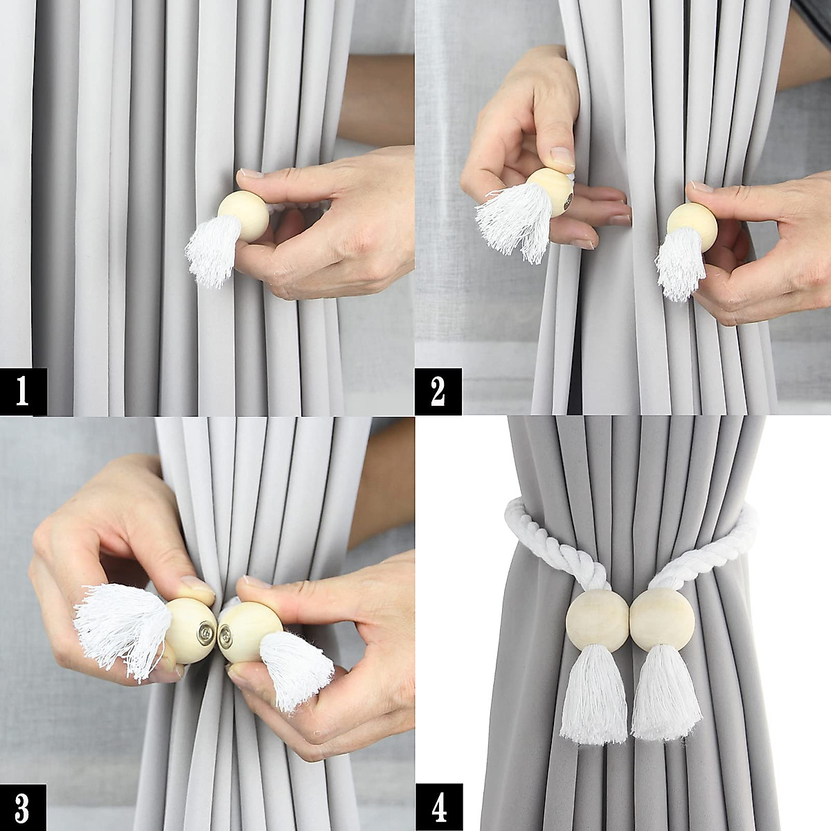 Porlau 2 Pack White Magnetic Curtain Tiebacks Cotton Hand Woven Tieback Holdback Decorative Tie Backs for Drapes with Wooden Buckle No Tools Required
