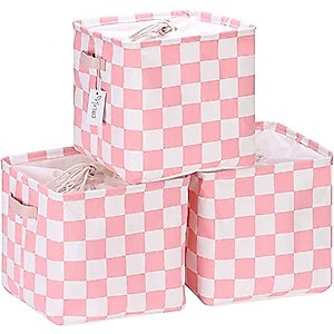 Hinwo 3-Pack Cubic Organizer Shelf Bins, Canvas Fabric Storage Baskets with Handles, 22L/5.8-Gal Square Storage Bins, Cubes, Collapsible Storage Box, 11 x 11 x 11 Inches (S, Pink Checkerboard)