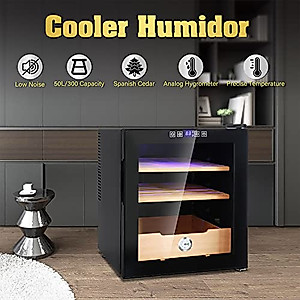 TCFUNDY 50L Cooler Humidor, Electronic Cooler Humidor 3-Layer Spanish Cedar Wood Shelves & Drawer with Hygrometer, 300 Capacity, 1.76 Cu Ft