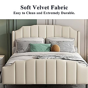 Upholstered Platform Bed, Queen Size Platform Bed Frame with Velvet Headboard & Footboard, Sturdy Wooden Slats Support, No Box Spring Needed for Bedroom Boys Girls Room Home Furniture (Beige)