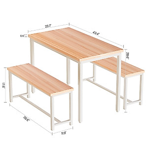Recaceik 3-Piece Dining Table Set for 4, 43'' Dining Room Table Set with 2 Benches, Space-Saving Dinette Table with Metal Frame & MDF Board, Breakfast Table for Kitchen, Dining Room, Walnut