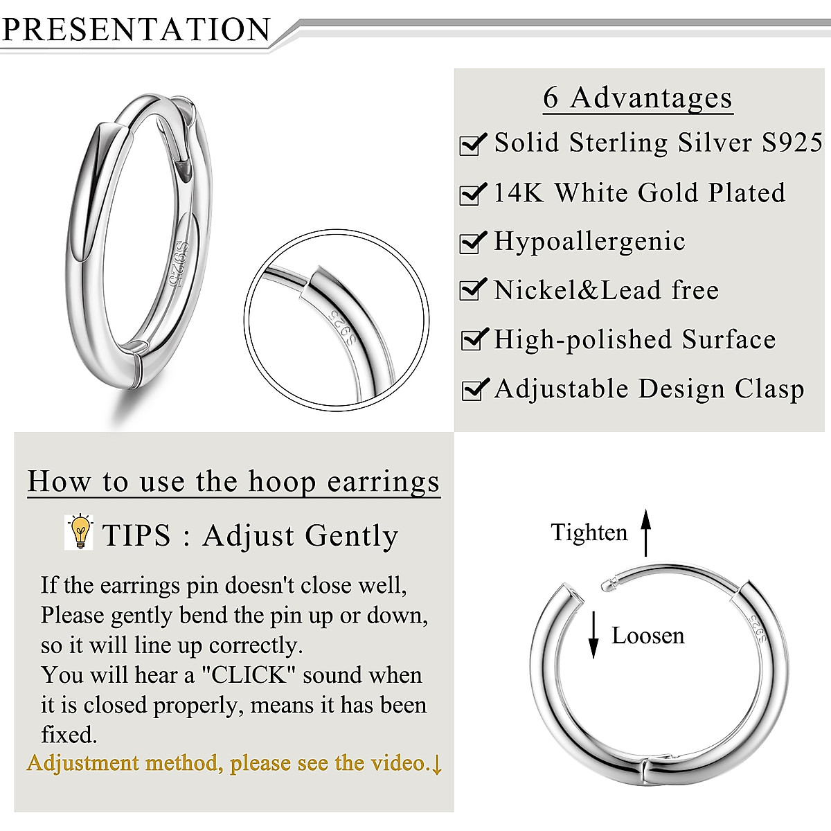 Milacolato 925 Sterling Silver Small Hoop Earring for Women Men 14K White Gold Plated Huggie Hoop Earrings Hypoallergenic Cartilage Helix Piercing Sleeper Hoop Earrings for Sensitive Ears 8mm