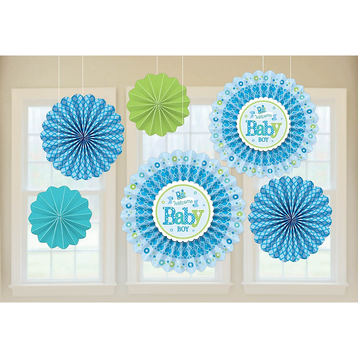 Amscan Charming Welcome Little One Boy Paper Fan Baby Shower Party Decorations, 8 x 12 x 16, Blue/White/Green