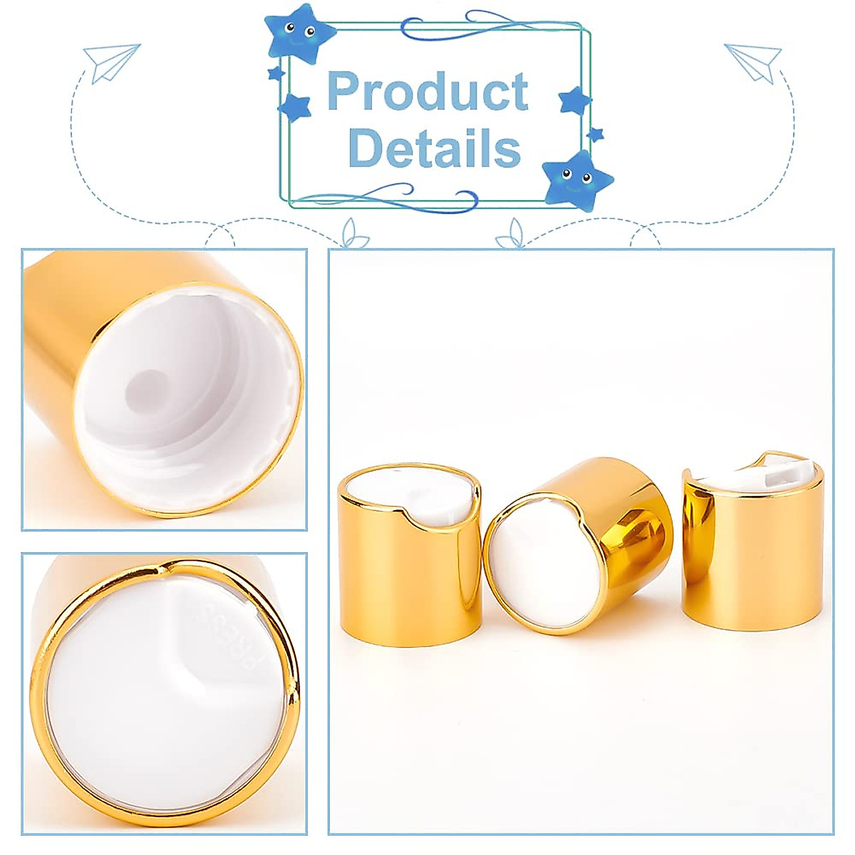 BENECREAT 12pcs Aluminized Replacement Plastic Press Caps, Golden Press Disc Caps Dispensing Lotion Bottle Closure for Squeeze Bottles Shampoo Bottle Dispensing Cap, Diameter 24mm Thread Type 410