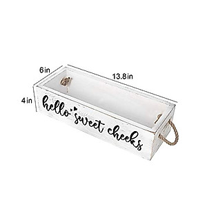MayAvenue Farmhouse Bathroom Decor Box Hello Sweet Cheeks Double Sided Wooden Toilet Paper Holder Tissue Box with Handles, Bathroom Signs (White)